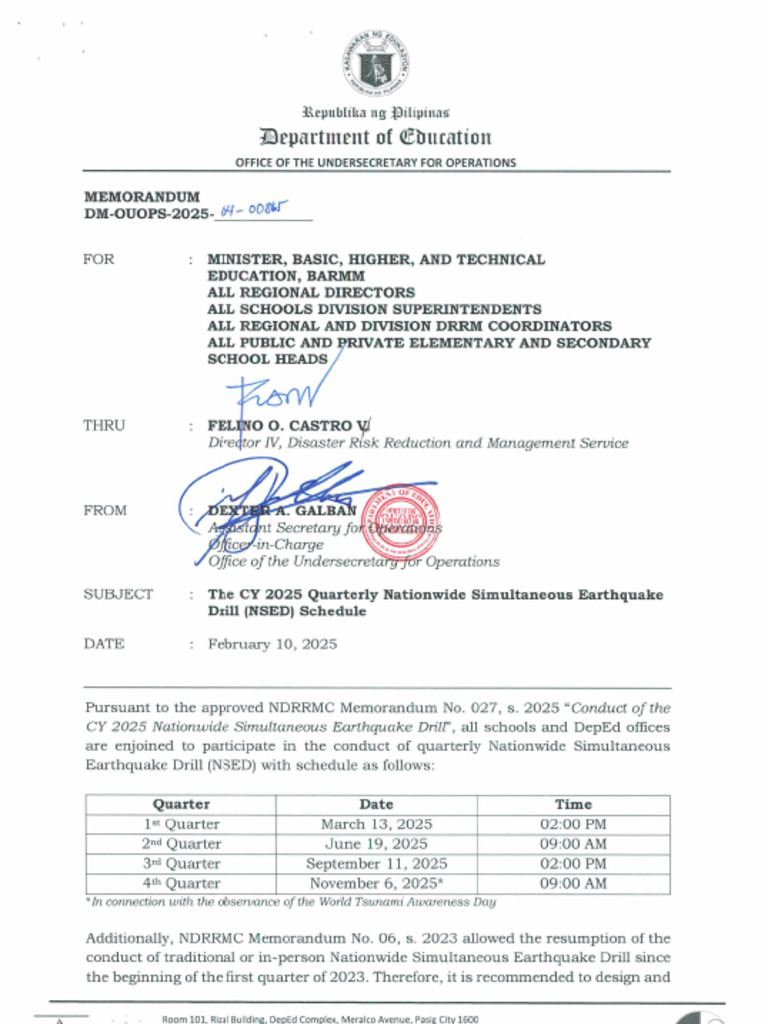 (DRRMS MEMO) CY 2025 NSED Schedule - 02132025 | PDF