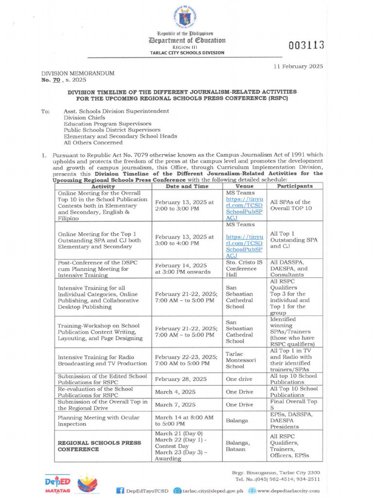 Division Memo No. 070 S. 2025 - DIV TIMELINE OF THE DIFF JOURNALISM ...
