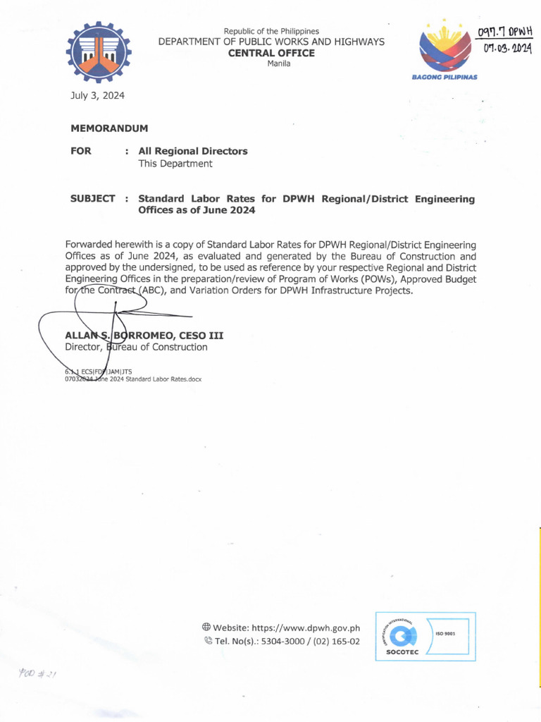 Memo 097.7 - 070324 - Standard Labor Rates For DPWH Regional District ...
