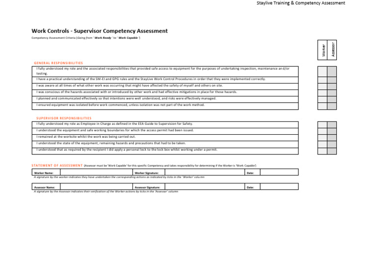 Staylive Work Controls - Supervisor Competency Assessment | PDF ...