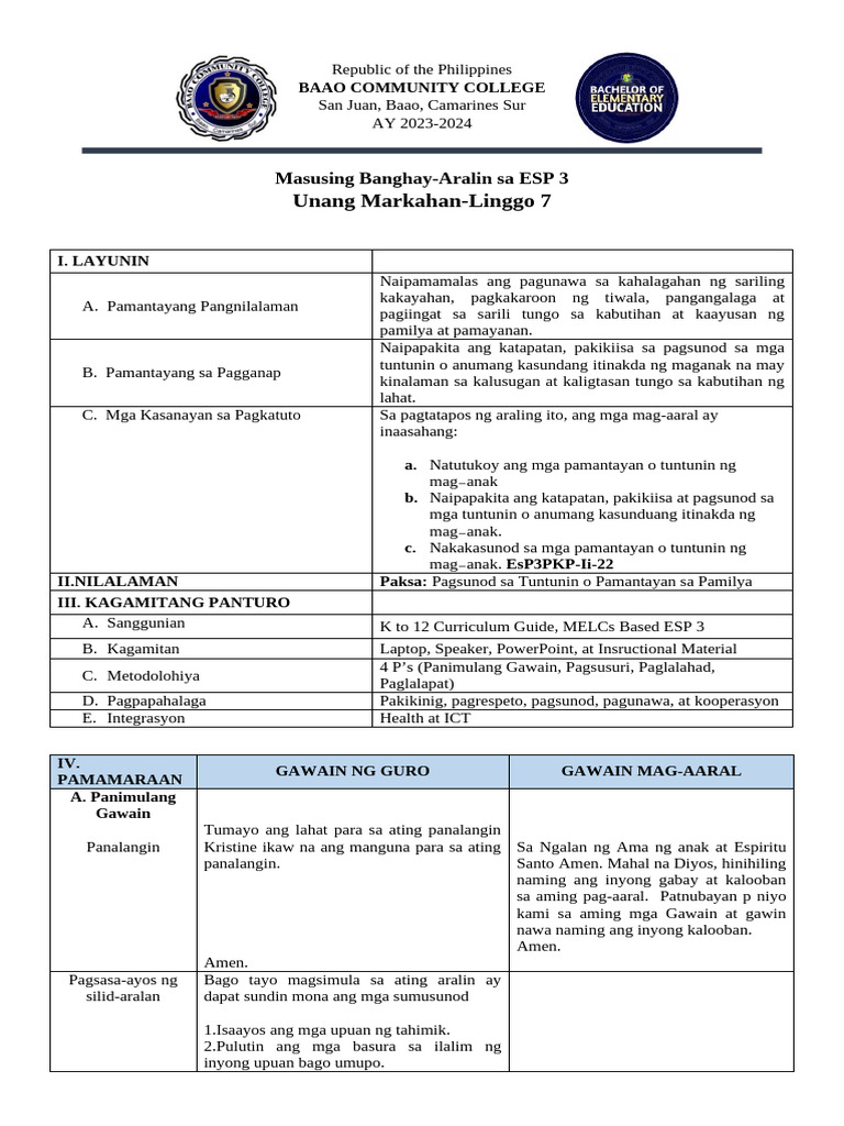 DLP - Esp3 - Pagsunod Sa Tuntunin at Pamantayang Pamilya - 035601 | PDF