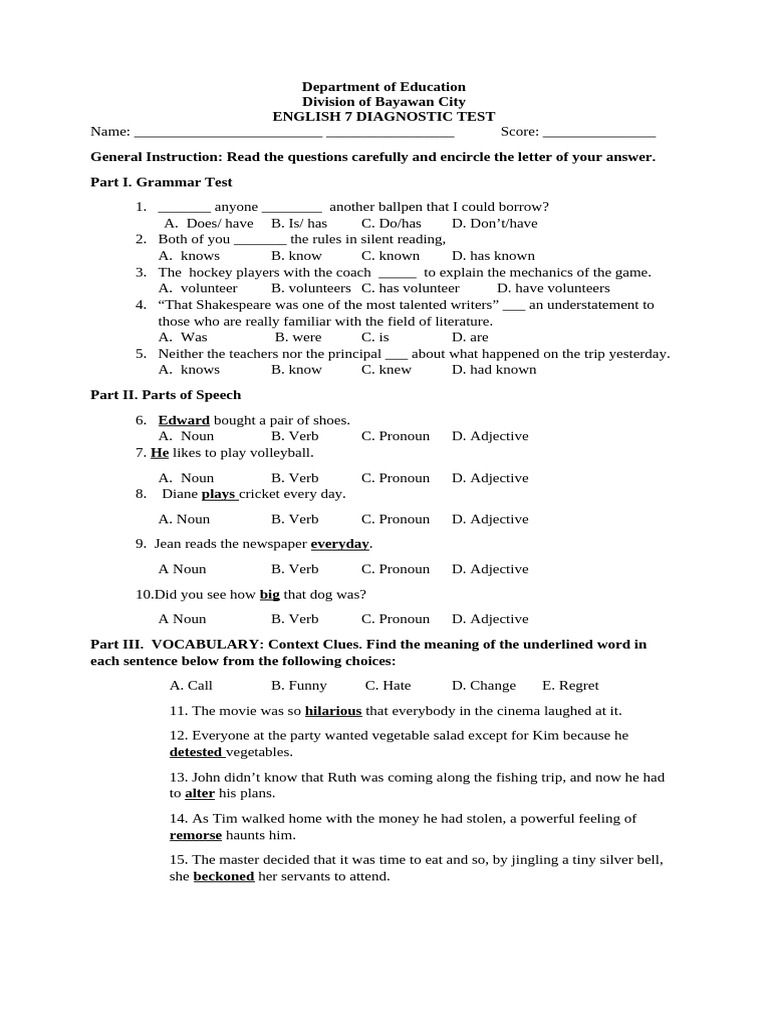 English 7 Diagnostic Test | PDF | Adjective | Noun
