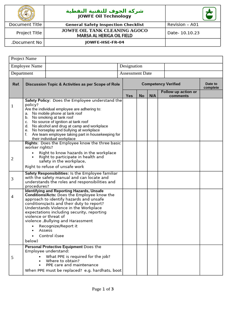 Hse 34 Staff Competency Assessment Form | PDF | Personal Protective ...