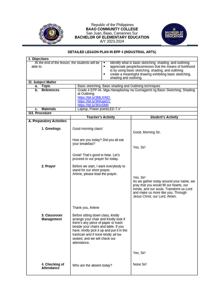 Grade 4 Industrial Arts Lesson Plan | PDF | Drawing