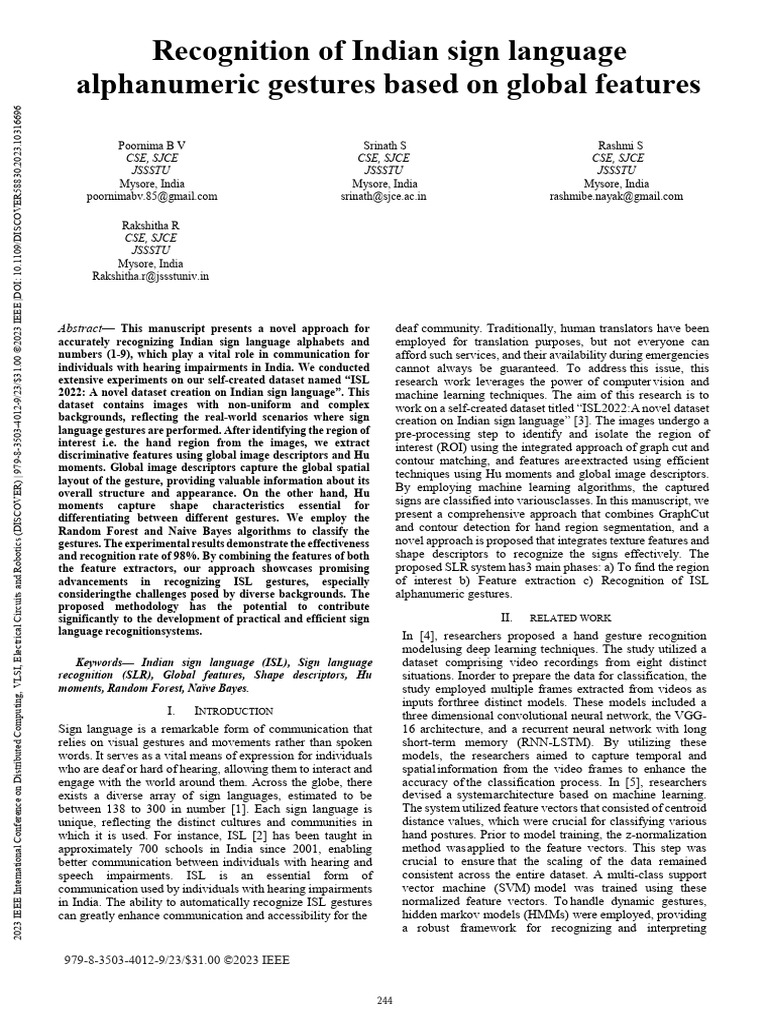Recognition of Indian Sign Language Alphanumeric Gestures Based On Global Features | PDF | Image ...