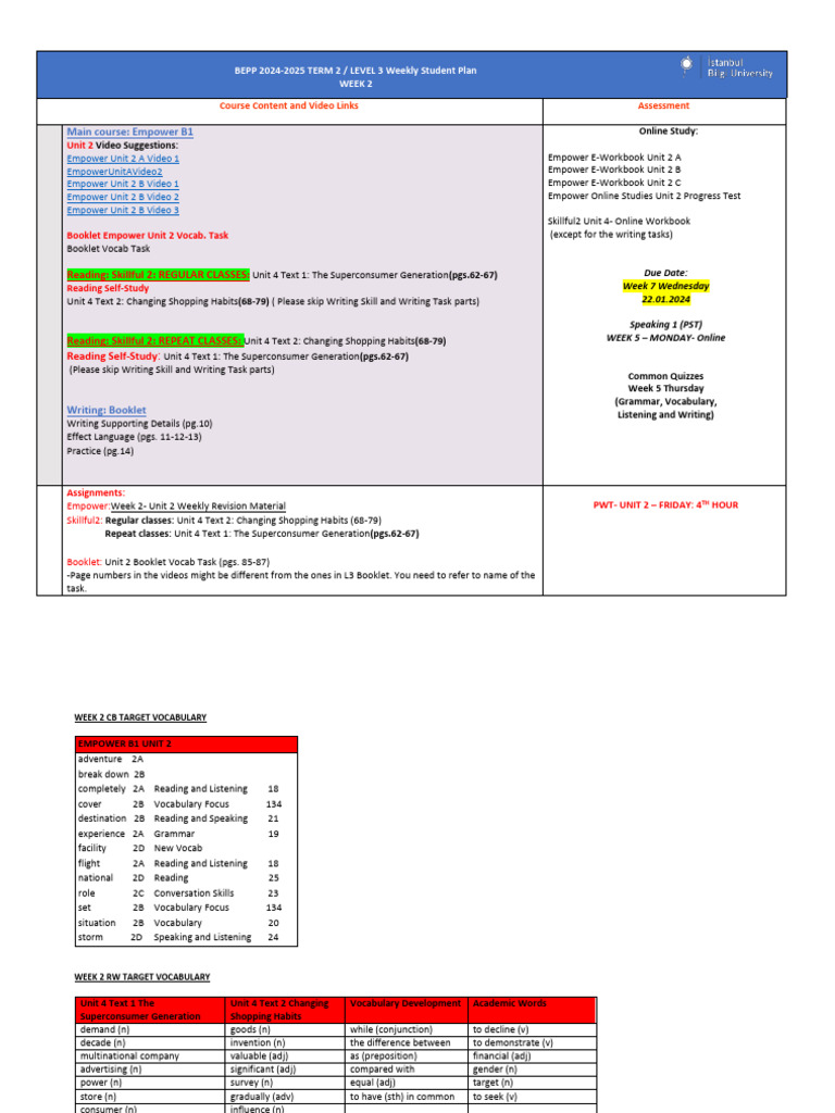 L3 Week 2 Weekly Student Plan | PDF | Vocabulary | Cognition