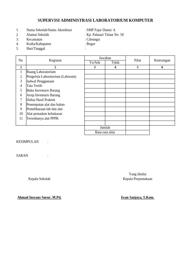 Instrumen Supervisi Kepala Laboran Komputer | PDF