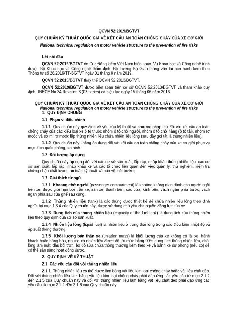 QCVN 52-2019-BGTVT - Kết Cấu An Toàn Chống Cháy Của Xe Cơ Giới | PDF