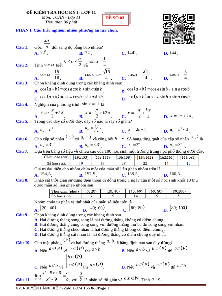 ĐỀ SỐ 3 - HK2 - LỚP 11 | PDF