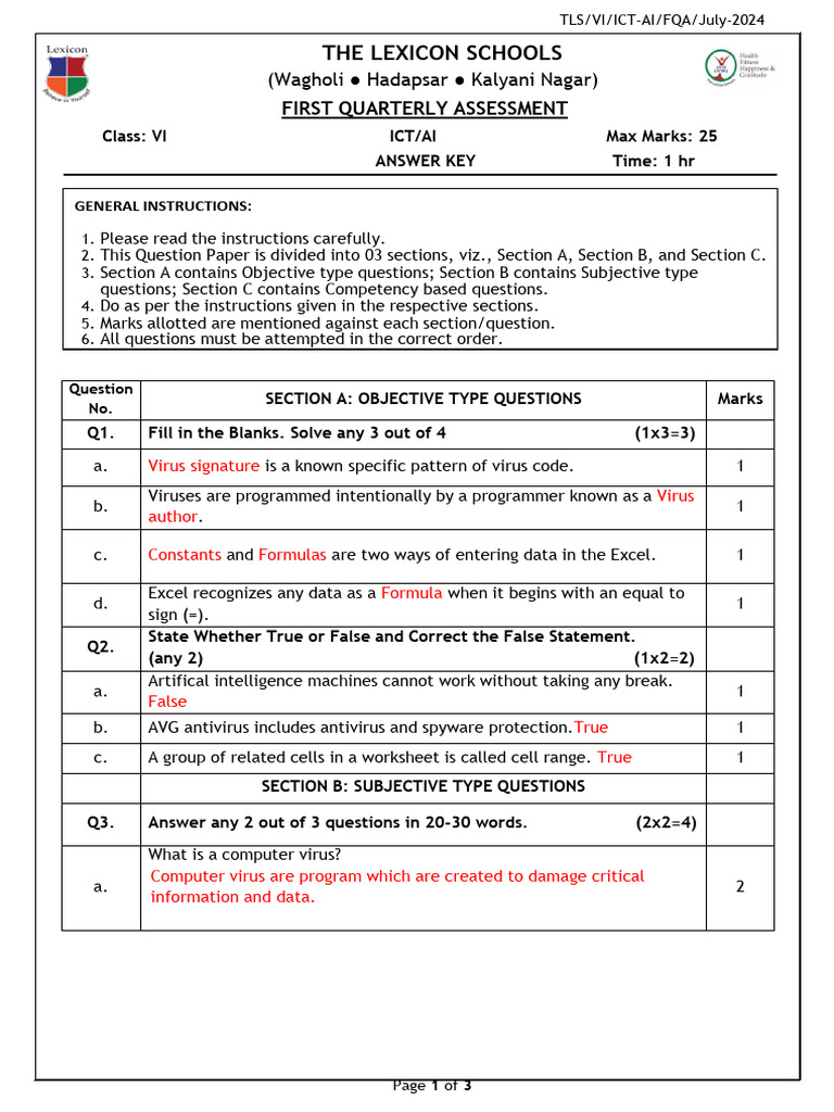 TLS - Cl-VI - FQA - ICT - AK - July 2023-24 | PDF | Computer Virus ...