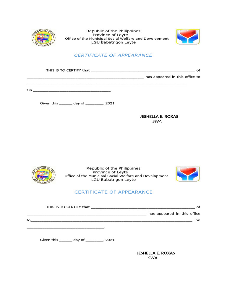 Certificate of Apperance DSWD | PDF