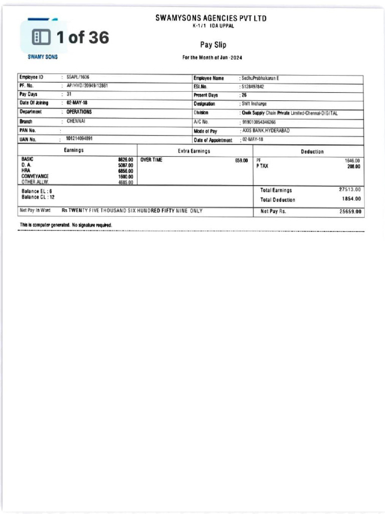 Sedhu E Pay Slip | PDF