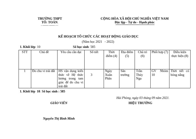 Ke Hoach To Chuc Hoat Dong Giao Duc Mon Toan | PDF