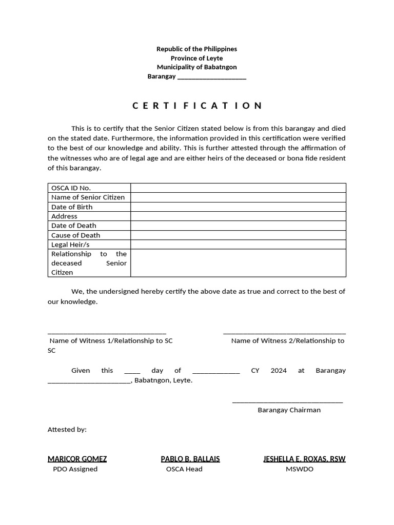 Certification Deceased (Barangay) | PDF