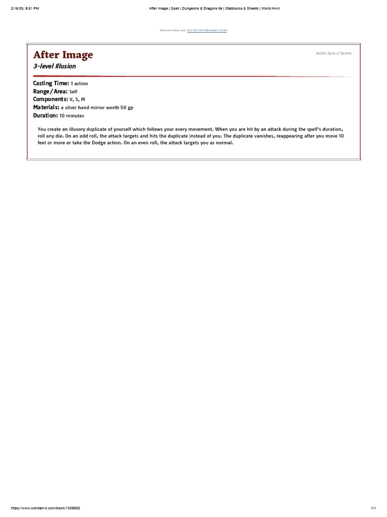 After Image - Spell - Dungeons & Dragons 5e - Statblocks & Sheets - World Anvil | PDF