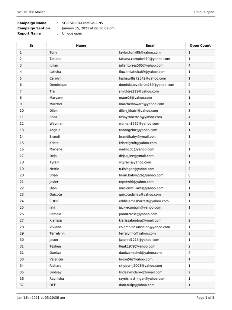 Unique Open Report for SG-CSD-RB Campaign | PDF