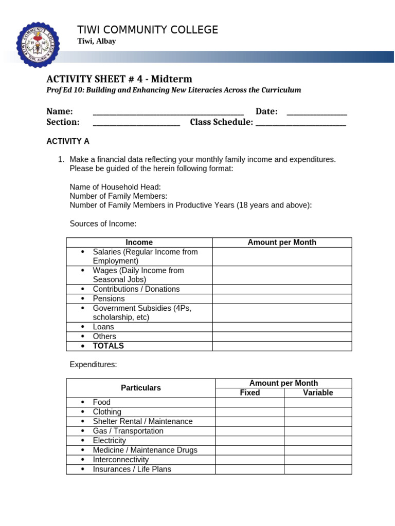 PROFED 10 - BENLAC - Activity Sheet # 4 | PDF | Budget | Expense