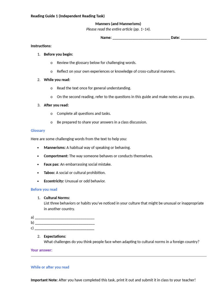 Reading Guide 1 - Manners (Mannerisms) | PDF | Etiquette | Liberal Arts ...