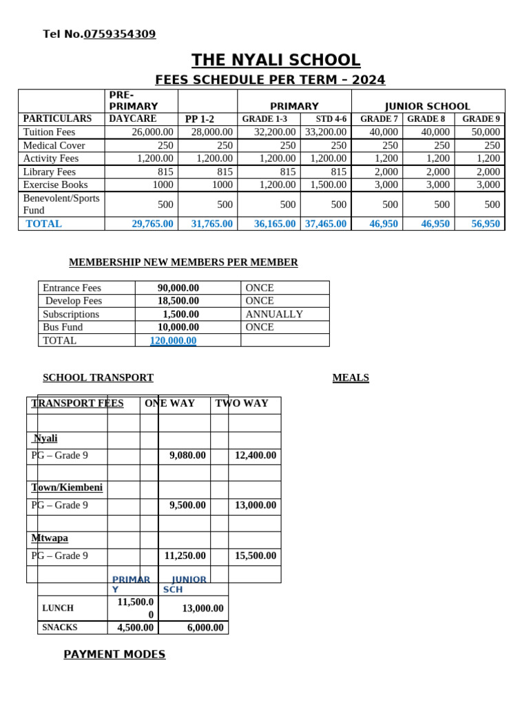 Nyali School 2024 Fees Structure | PDF