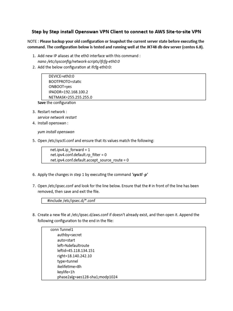Step by Step Install Openswan VPN Client To Connect To AWS Site-1 | PDF