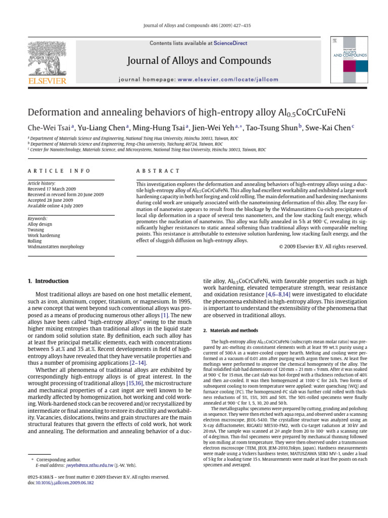 Deformation and Annealing Behaviors of High Entropy Alloy Al0 5CoCrCuFeNi 2009 Journal of Alloys ...