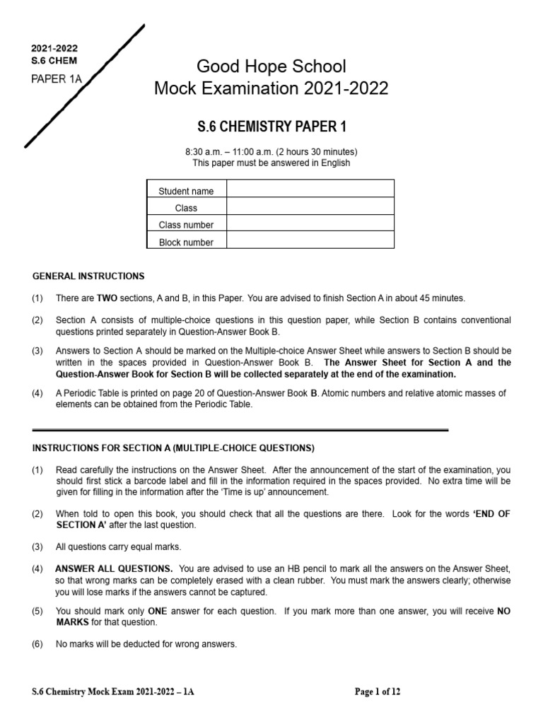 2122 - S6 - CHEM - Mock - Paper 1A - F | PDF | Chemical Equilibrium ...