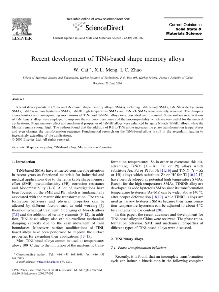 2005-Recent Development of TiNi-based Shape Memory Alloys | PDF | Shape Memory Alloy ...