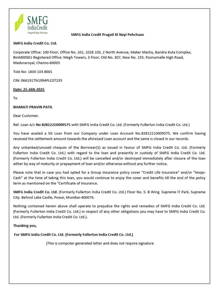SMFG Loan Closure Confirmation Letter | PDF