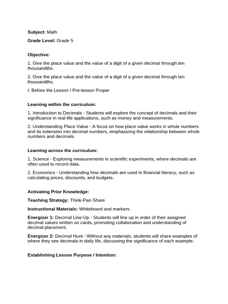 Understanding Decimal Place Value for 5th Grade | PDF | Learning ...