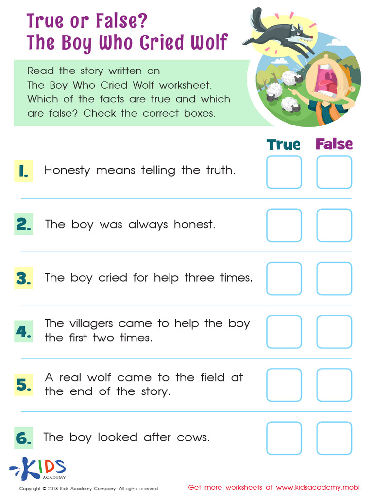 Grade 1 True or False The Boy Who Cried Wolf Worksheet | PDF