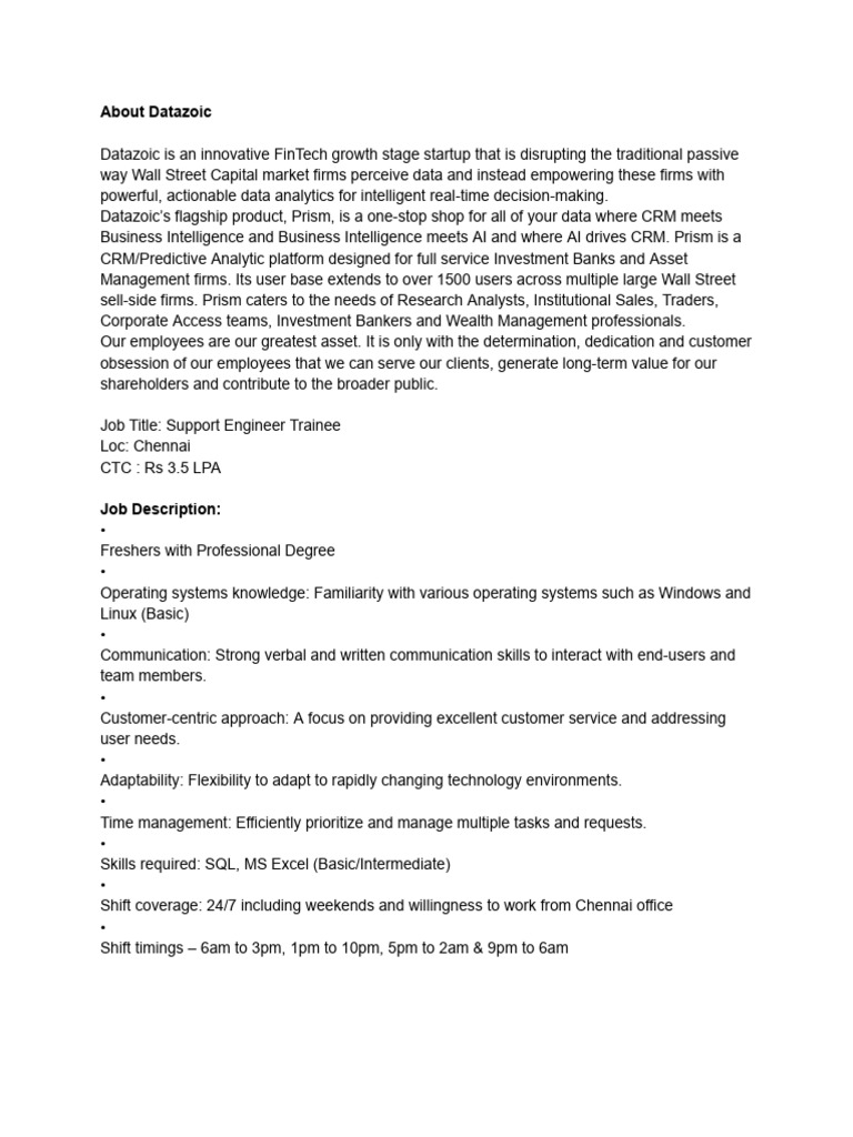 Datazoic - Support Engineer JD For PMC Tech | PDF