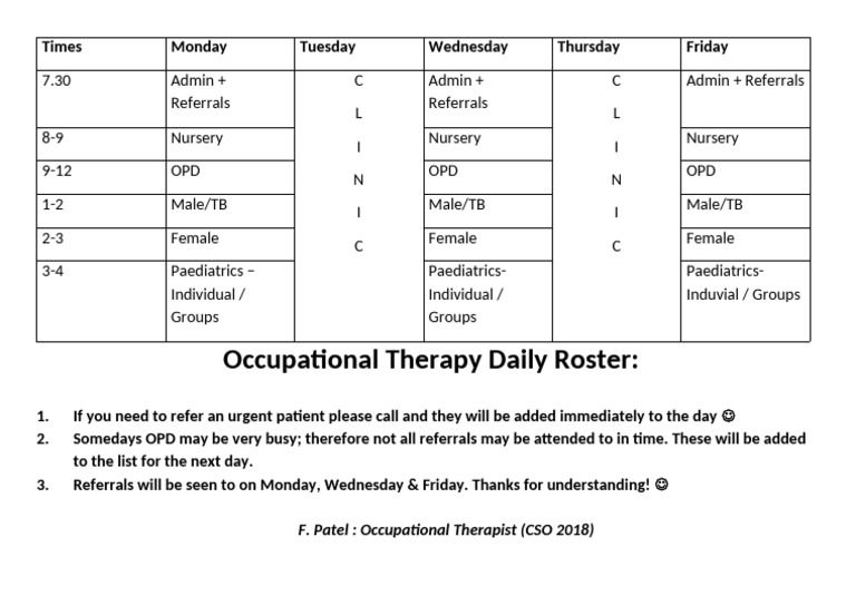Occupational Therapy Weekly Schedule | PDF