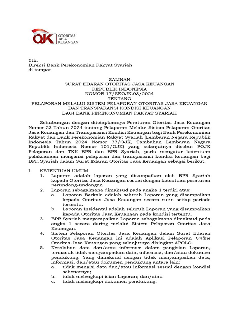 SEOJK 17-SEOJK03-2024 Pelaporan Melalui Sistem Pelaporan OJK Dan ...