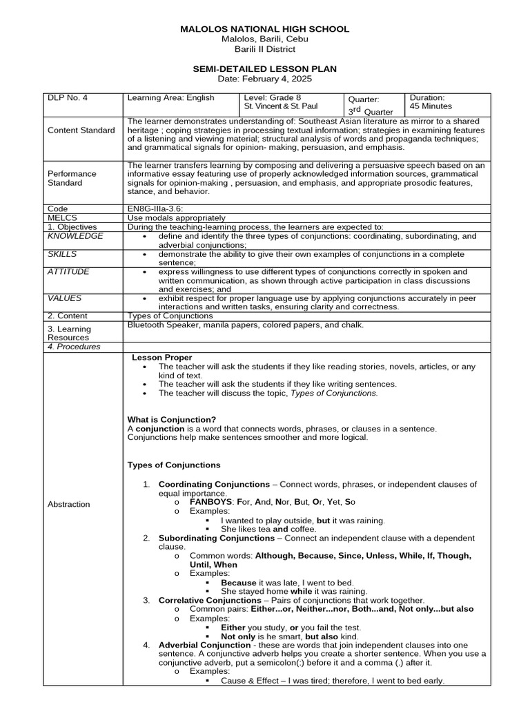 LP4-Prac - Teac.TYPES OF CONJUNCTIONS-G7-St - Vincent | PDF | Language ...