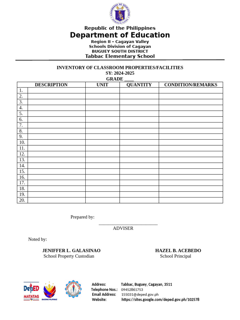 Tabbac Elementary School Property Inventory | PDF