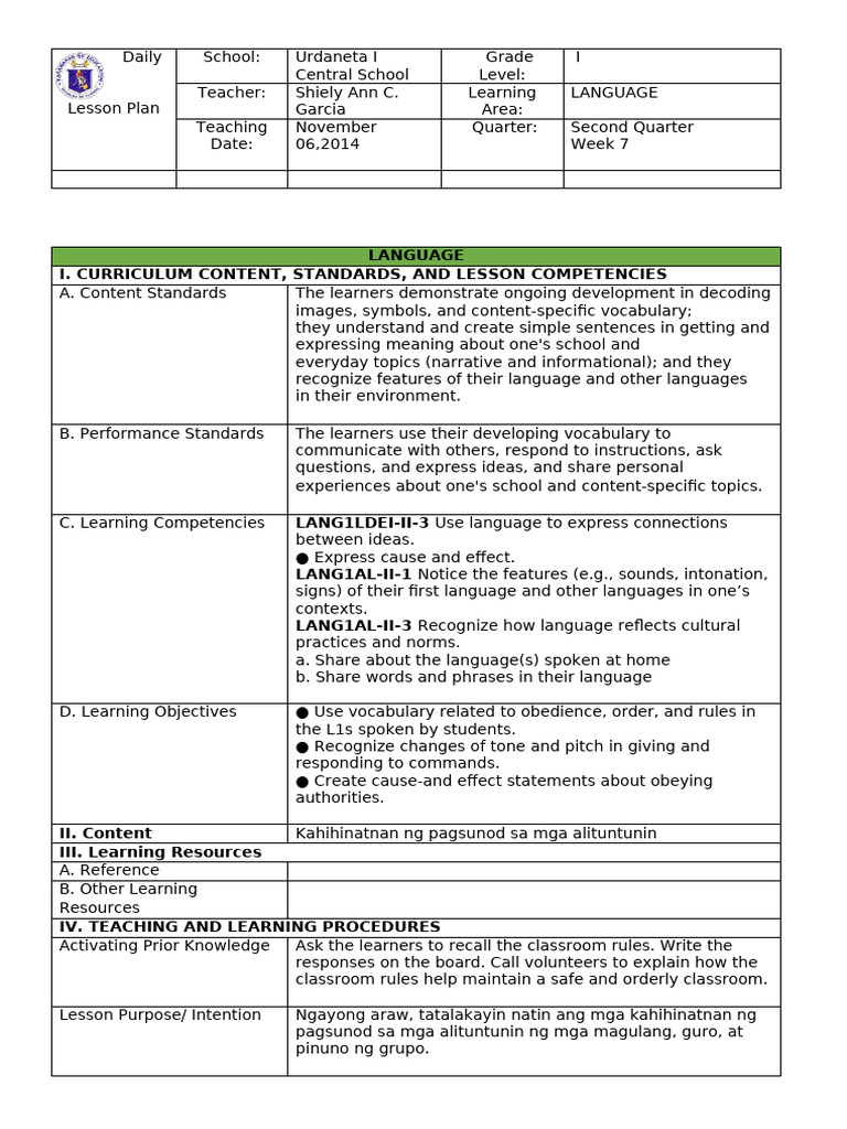 Daily Lesson Plan LANG. WEEK 7 11 06 | PDF | Vocabulary | Learning