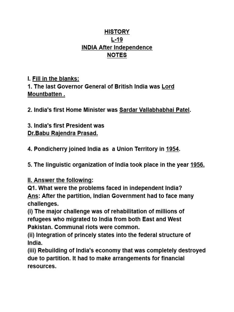 STD X His L-19 India After Independence (Notes) | PDF | Government Of ...