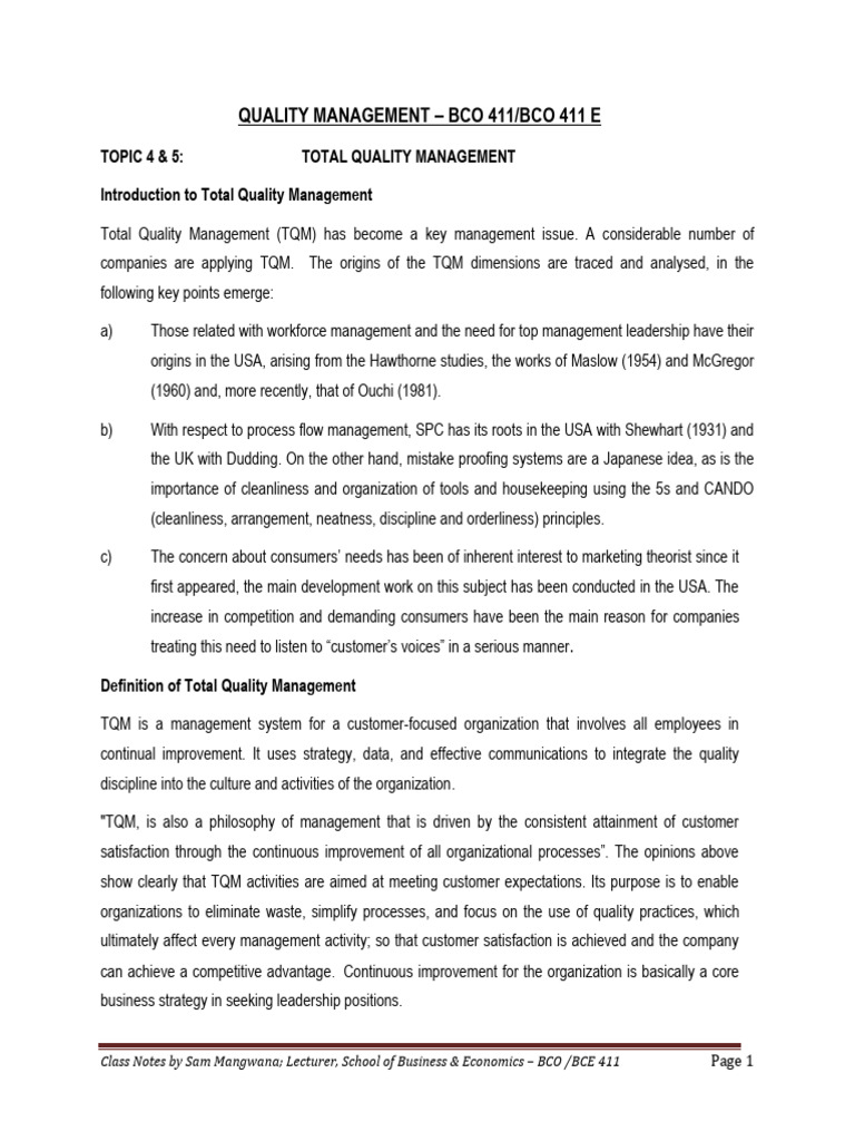 Quality Management Topic 4 & 5 Notes | PDF | Quality Management | Goal
