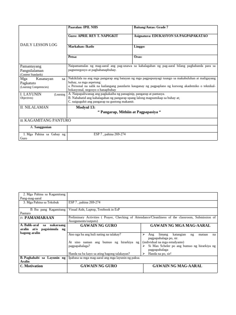 Detailed Lesson Plan 7 ESP 2 | PDF