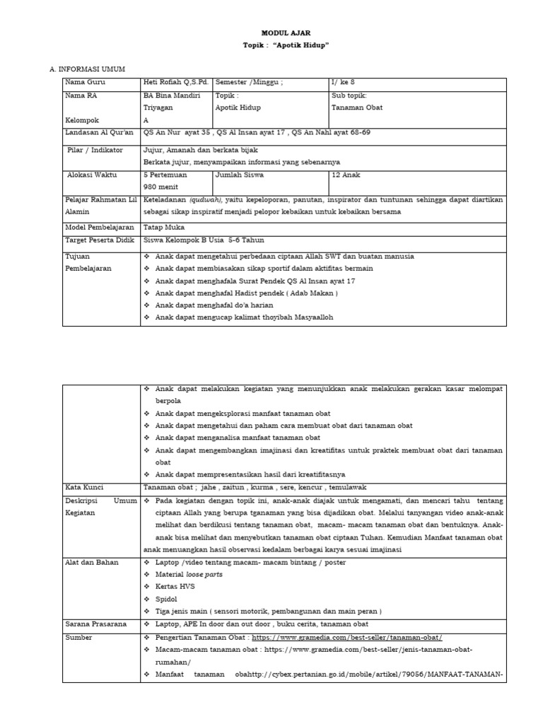 A. Modul Ajar Tanaman Obat - BA BINA MANDIRI | PDF