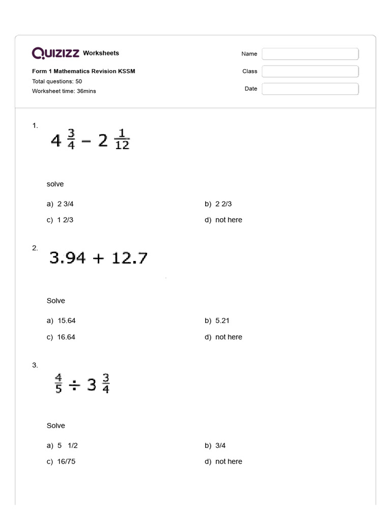 KSSM Math Revision Worksheets | PDF