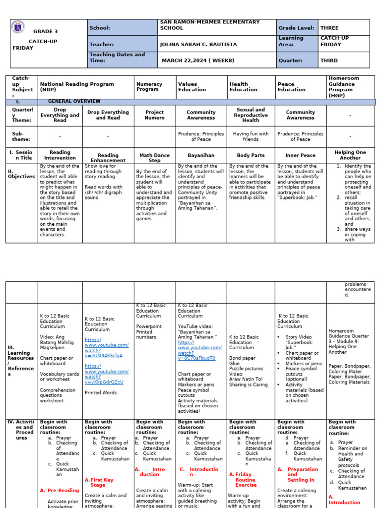 Week 8 DLL Catch Up Friday Grade 3 | PDF | Reading Comprehension | Learning