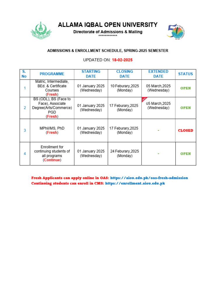 Adms-Enrol Schedule Spring 2025 | PDF