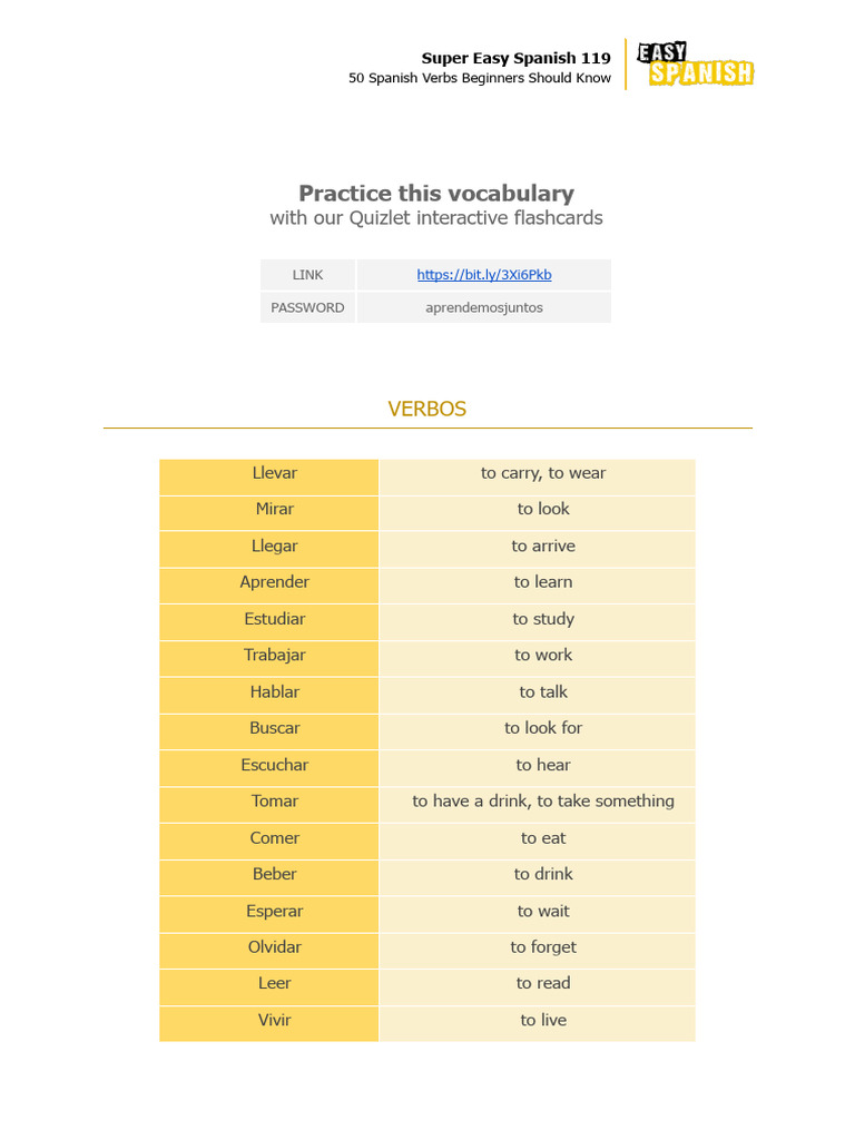 SES119 - Vocabulary List - 50 Spanish Verbs | PDF | Linguistics