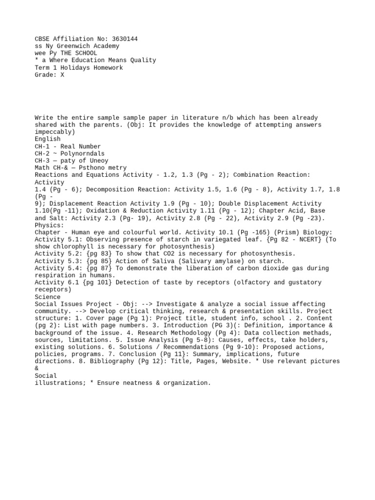Grade - 10 TERM - 1. Holiday Assignment. | PDF