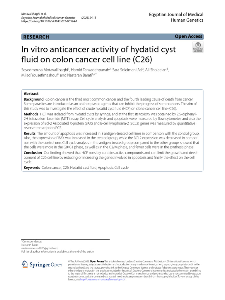 In vitro anticancer activity of hydatid cyst fluid on colon cancer cell line (C26) | PDF ...