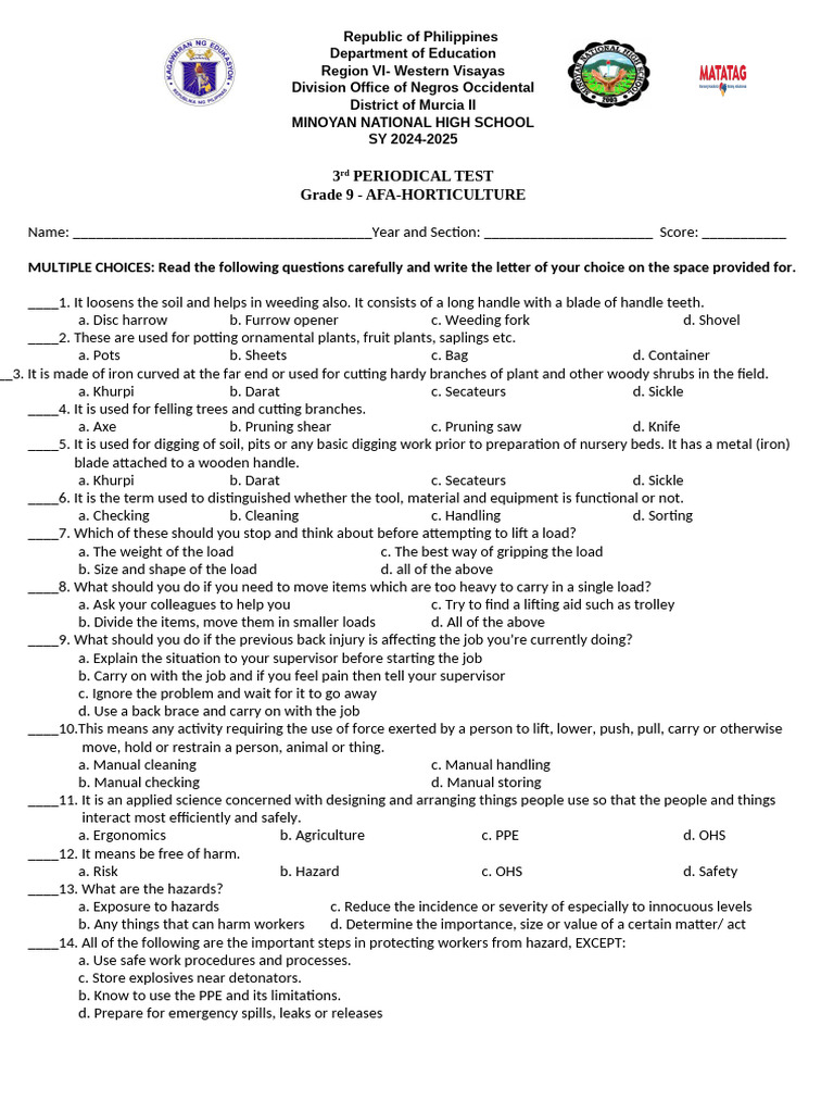 3RD PERIODICAL TEST gRADE 9 AFA-HORTICULTURE | PDF | Occupational ...
