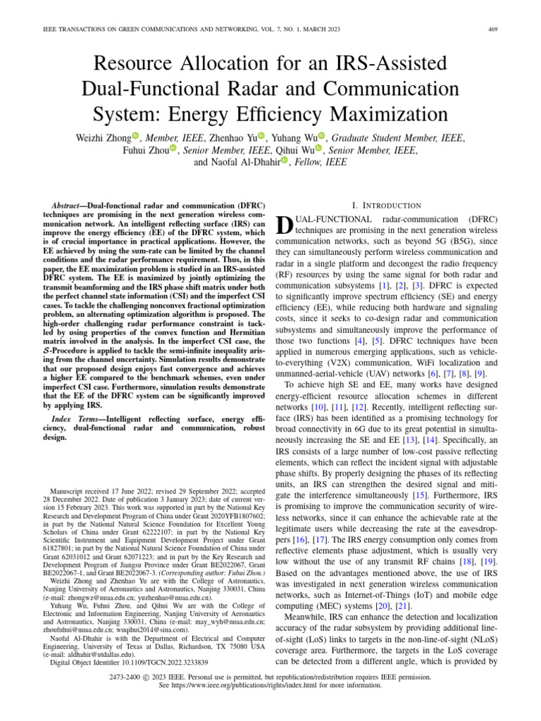 Resource Allocation For An IRS-Assisted Dual-Functional Radar and Communication System Energy ...