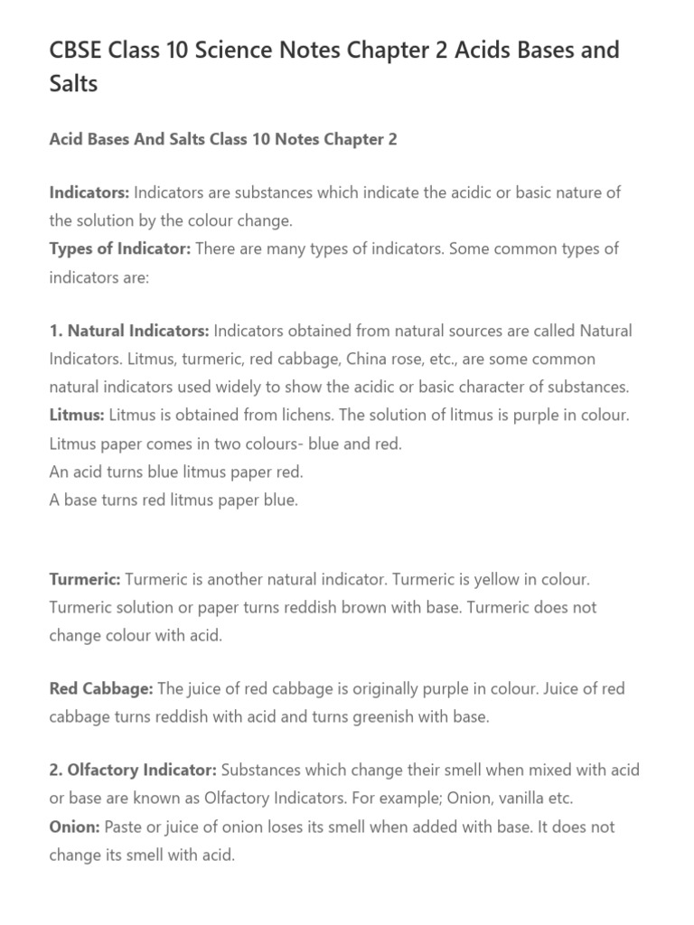 Class 10 Science: Acids, Bases, Salts Notes | PDF | Acid | Sodium ...