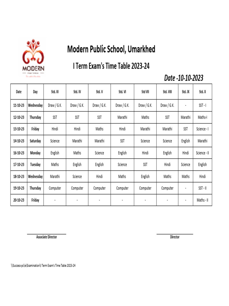 Class III To X - I Term Exam's Time Table 2023-24 | PDF